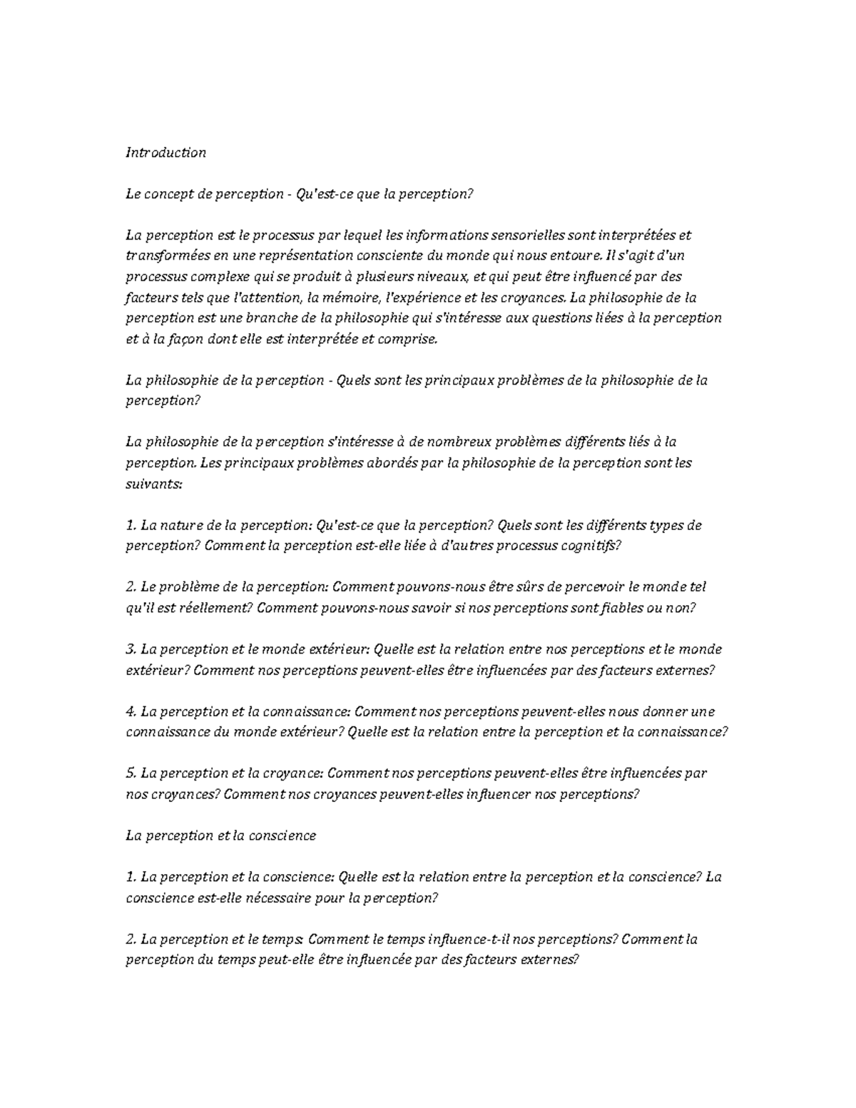 Philosophy of Perception note study - Introduction Le concept de ...