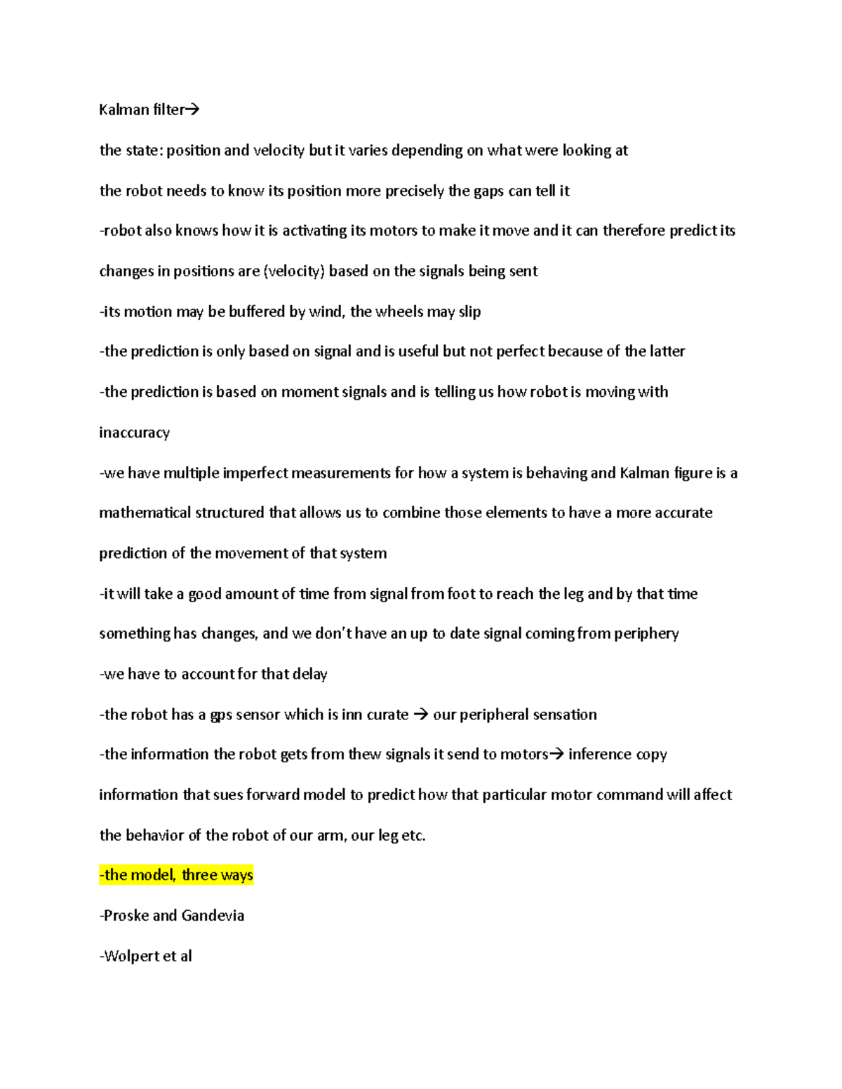 Class notes Psyc 452 class 8 - Kalman filter the state: position and ...