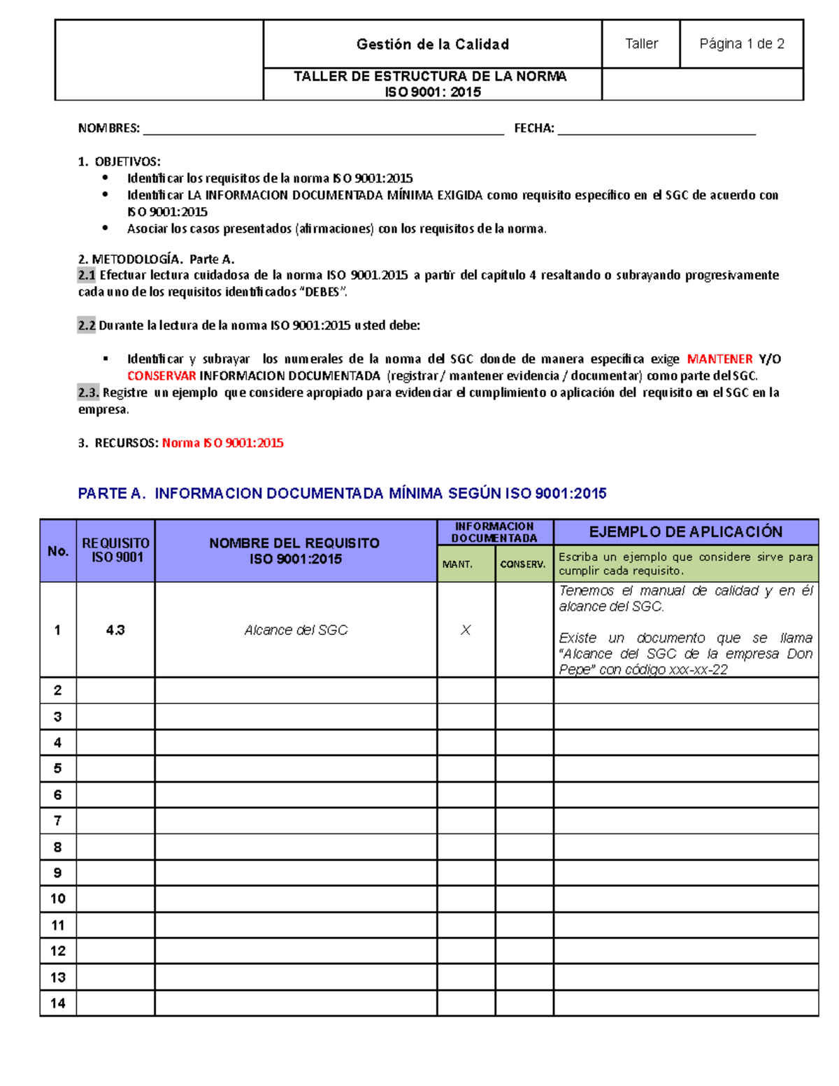 Taller Estructura DE LA Norma ISO 9001-2015 parte A - Gestión de la ...