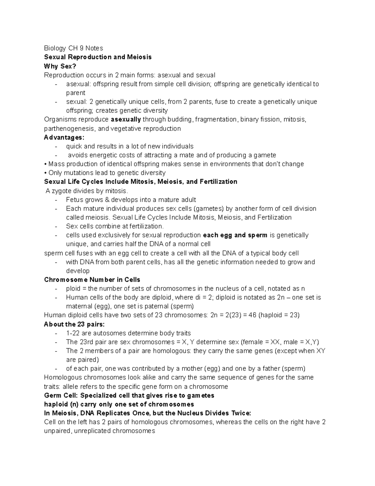 Biology CH 9 Notes - Biology CH 9 Notes Sexual Reproduction and Meiosis ...