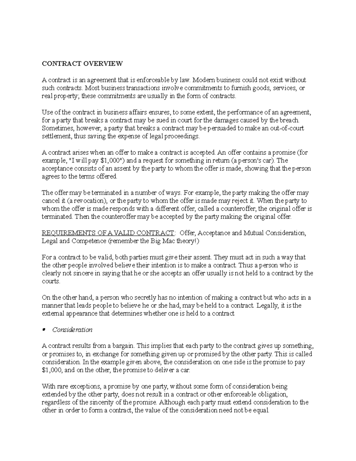 Contract Overview - Lecture notes 4 - CONTRACT OVERVIEW A contract is ...