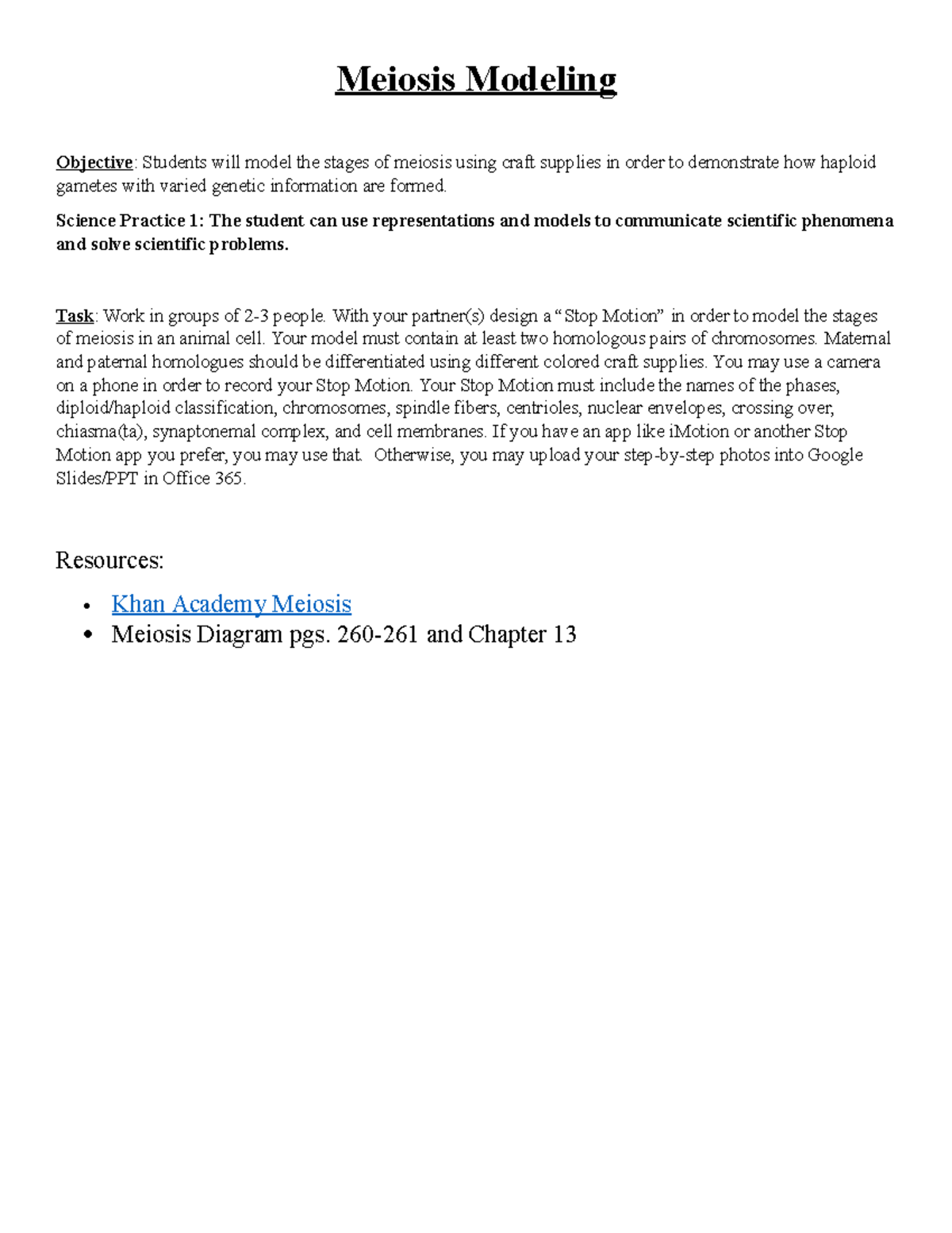 Meiosis Modeling - gud not - Meiosis Modeling Objective : Students will ...