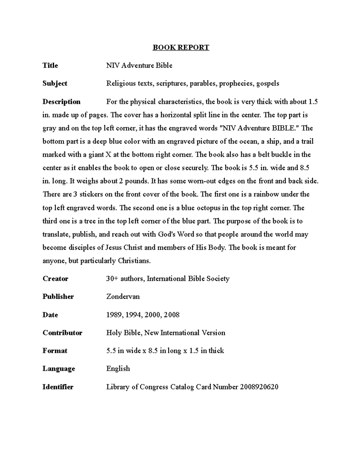 BOOK Report final - BOOK REPORT Title NIV Adventure Bible Subject ...