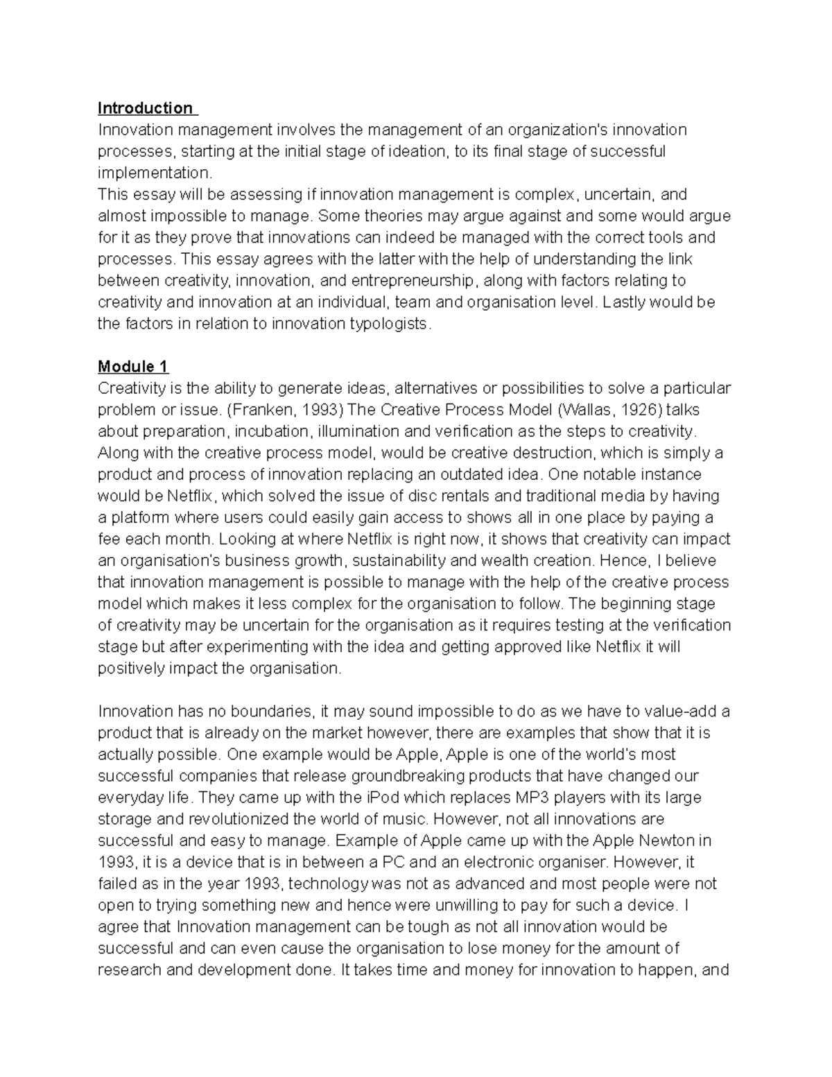 Innovation Management A1 - Introduction Innovation management involves ...