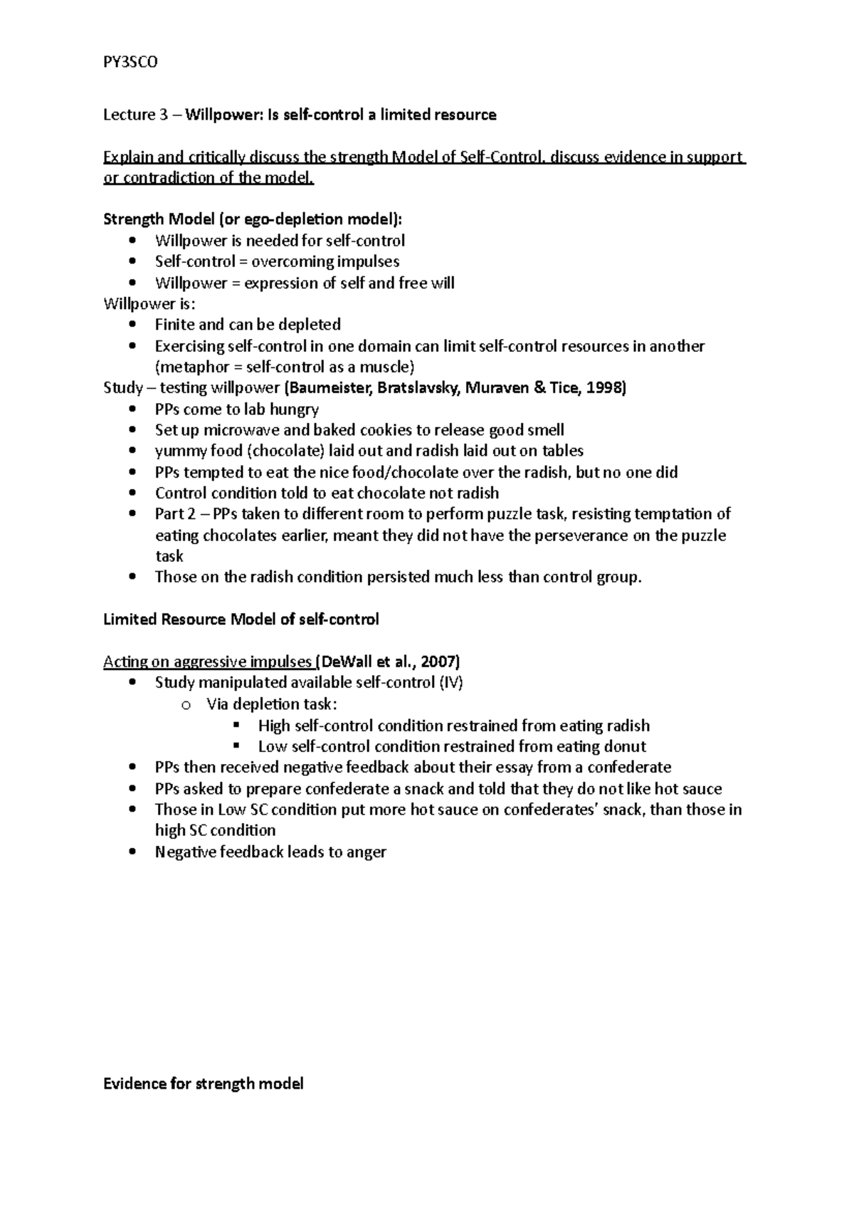 Lecture 3 notes - PY3SCO Lecture 3 – Willpower: Is self-control a ...