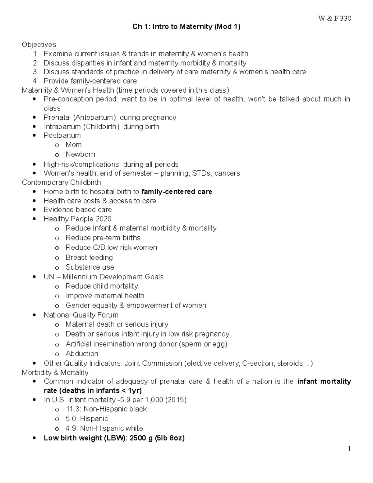 330 Notes - Exam 1 - Exam 1 - Ch 1: Intro to Maternity (Mod 1 ...