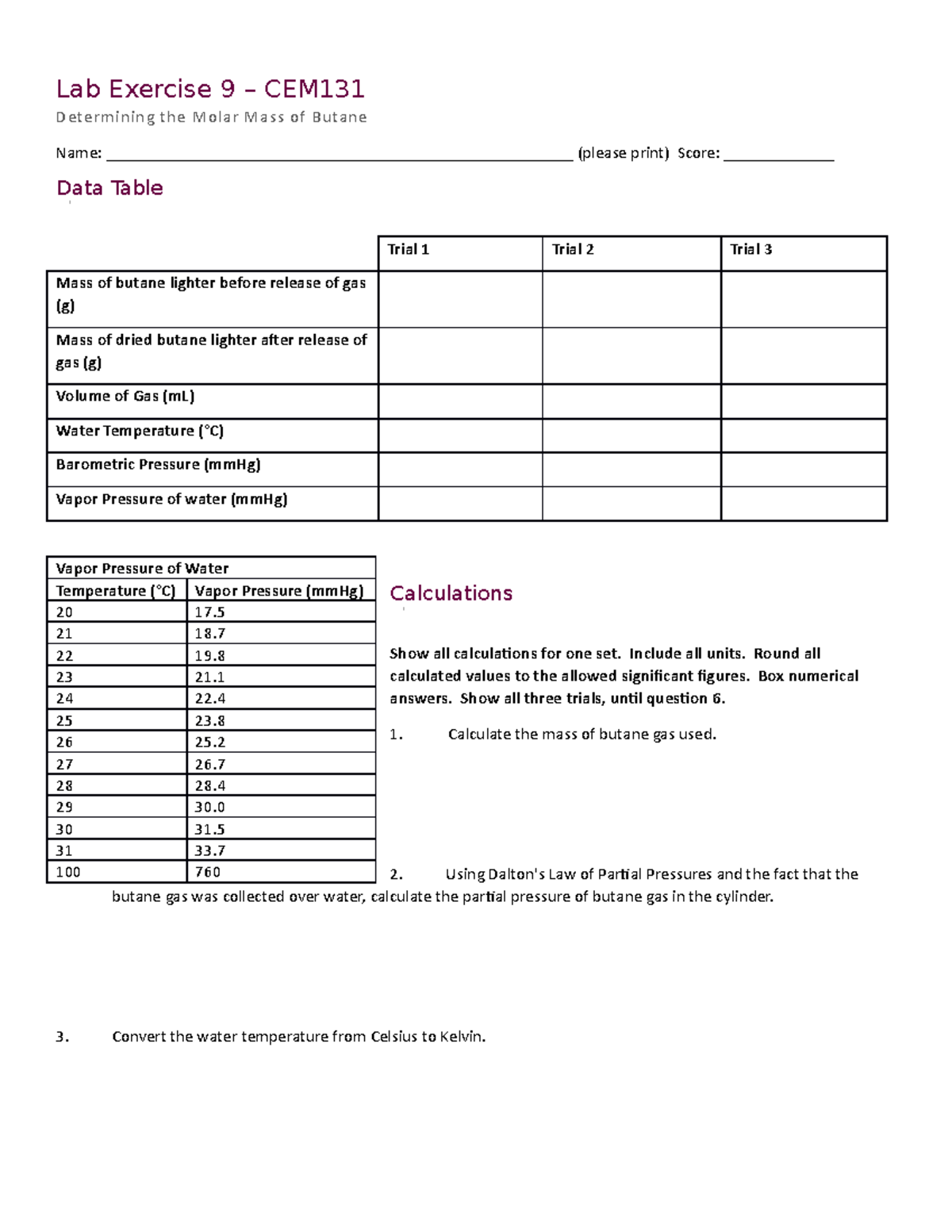 Lab Report 9 - Lab Exercise 9 – CEM Determining the Molar Mass of ...