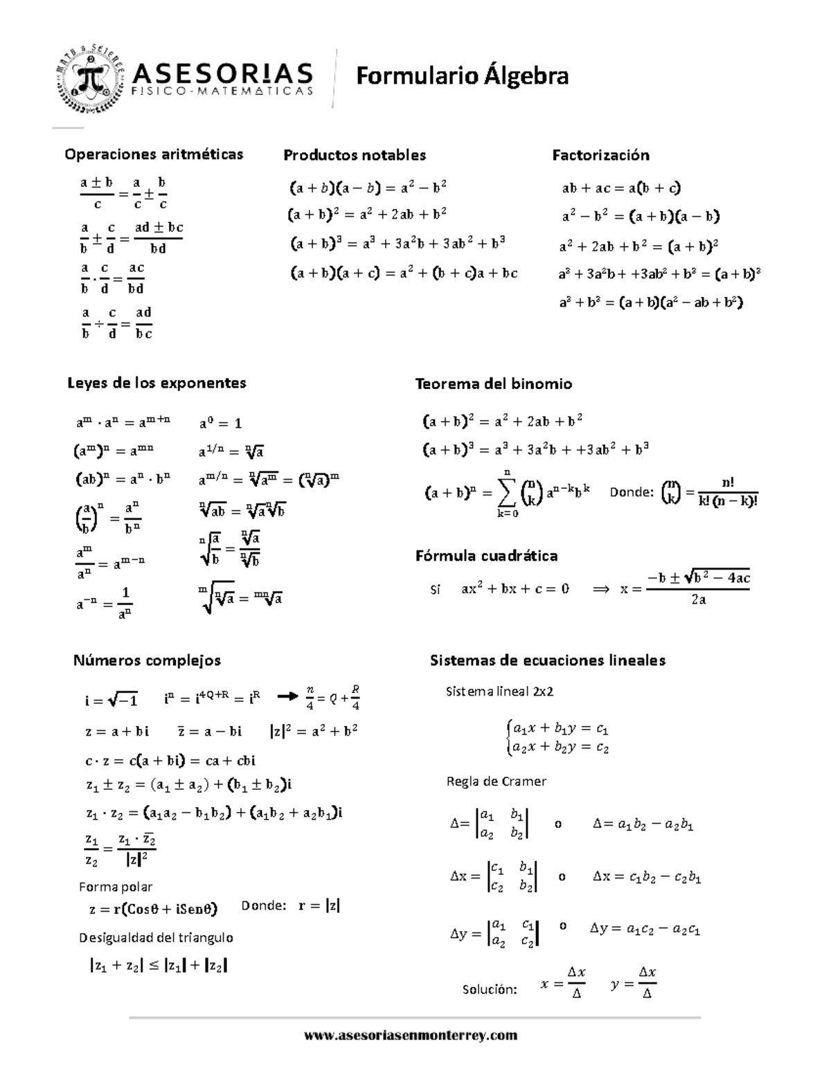 Álgebra - Formula de algebra - Productos notables a + Ā a 2 Ā = a 2 2 b ...