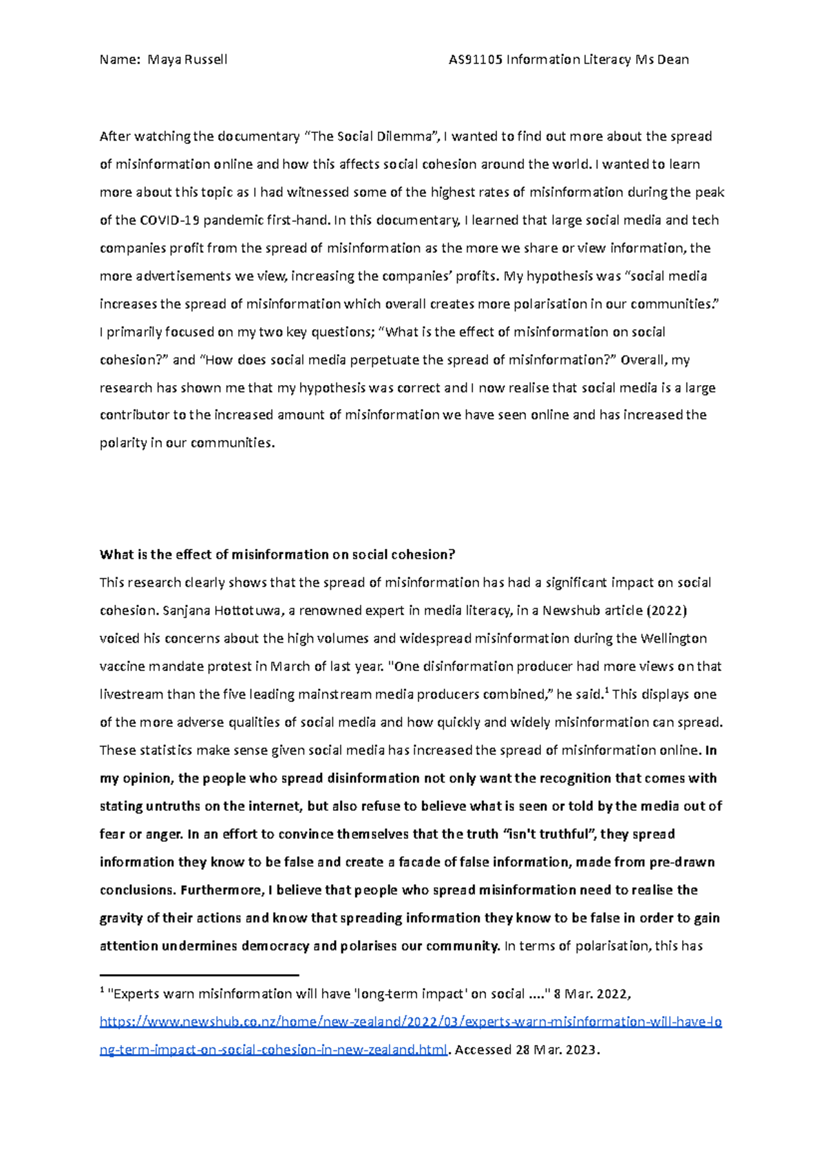 Maya Russell - AS91105 Research Report EXCELLENCE - After watching the ...