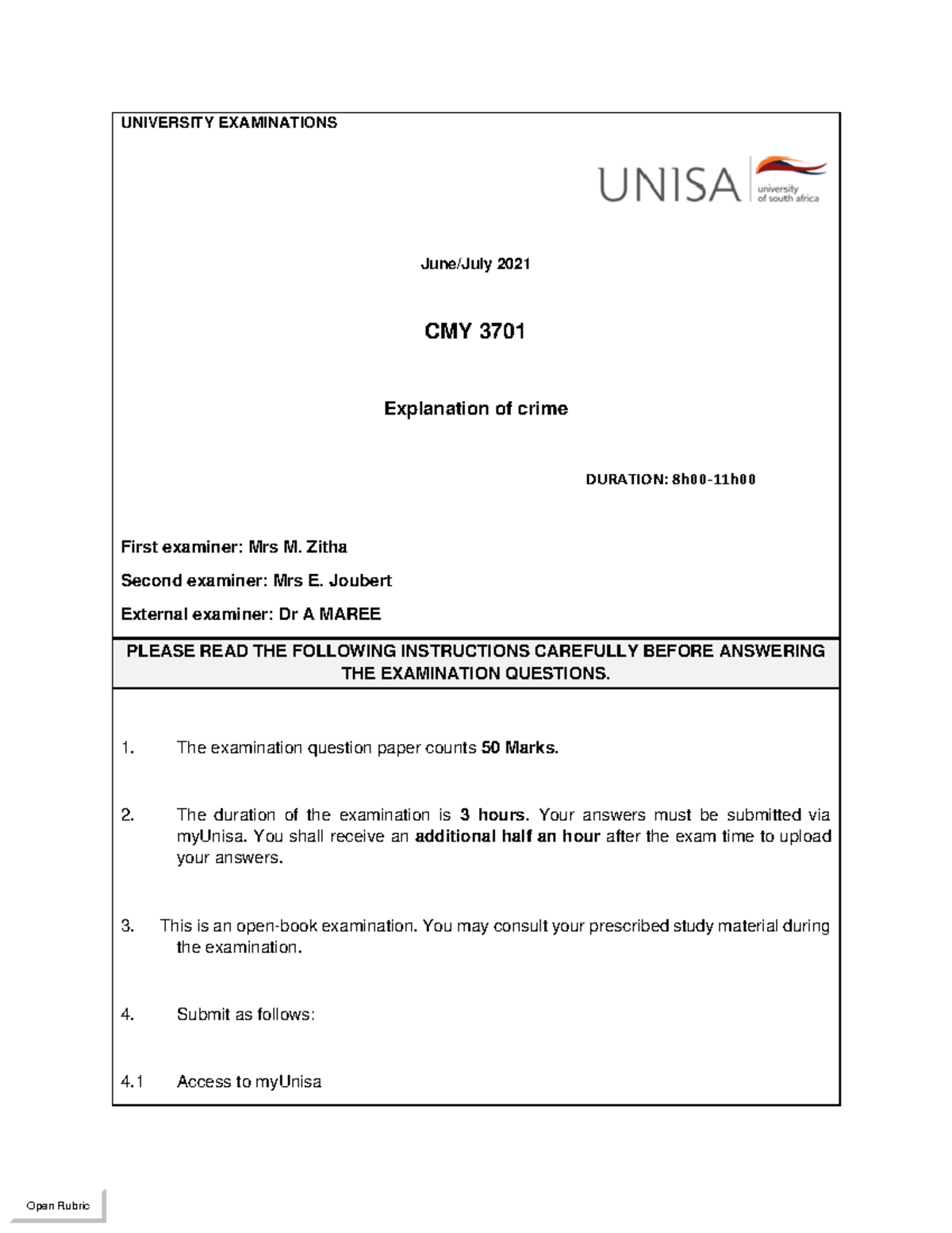 Cmy3701 exam paper - The Explanation of Crime - UNIVERSITY EXAMINATIONS ...