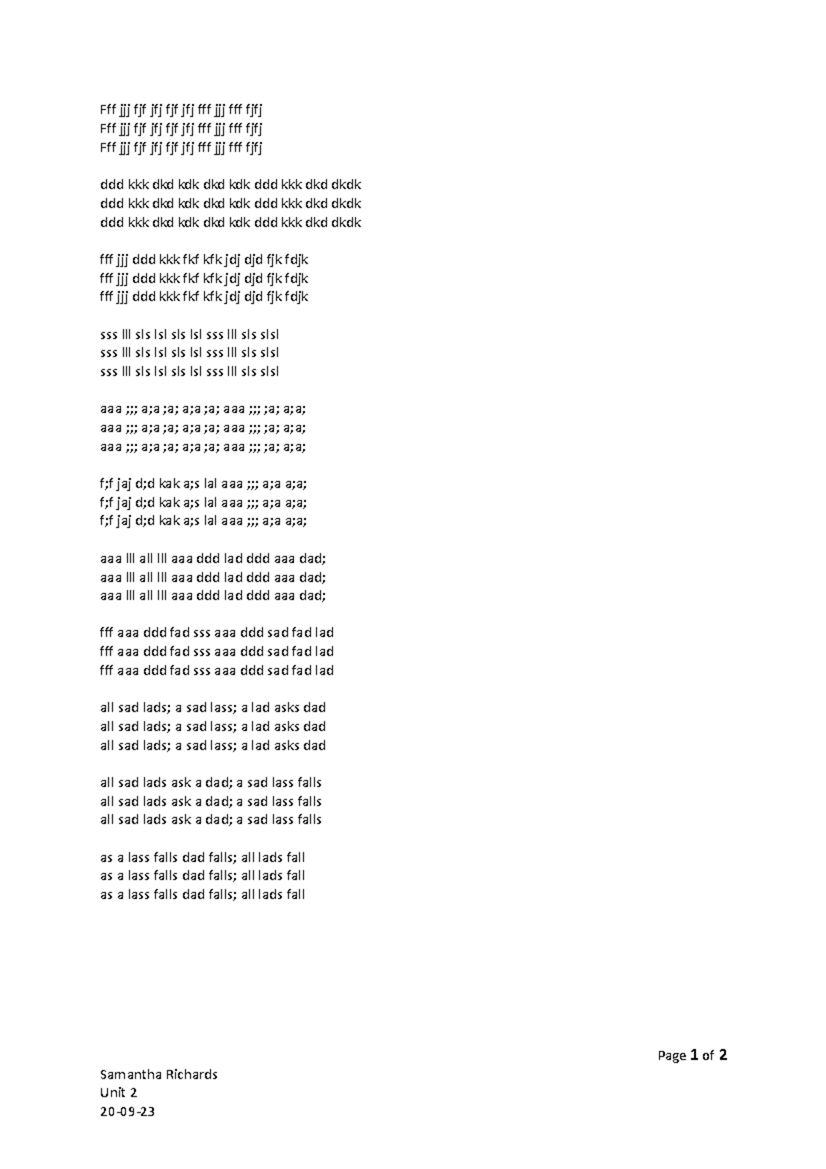 Unit 2 - 20-09-23 - typing exam - Fff jjj fjf jfj fjf jfj fff jjj fff ...