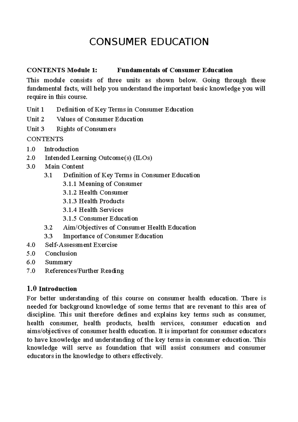 Consumer Health Education BPE 3 - CONSUMER EDUCATION CONTENTS Module 1 ...