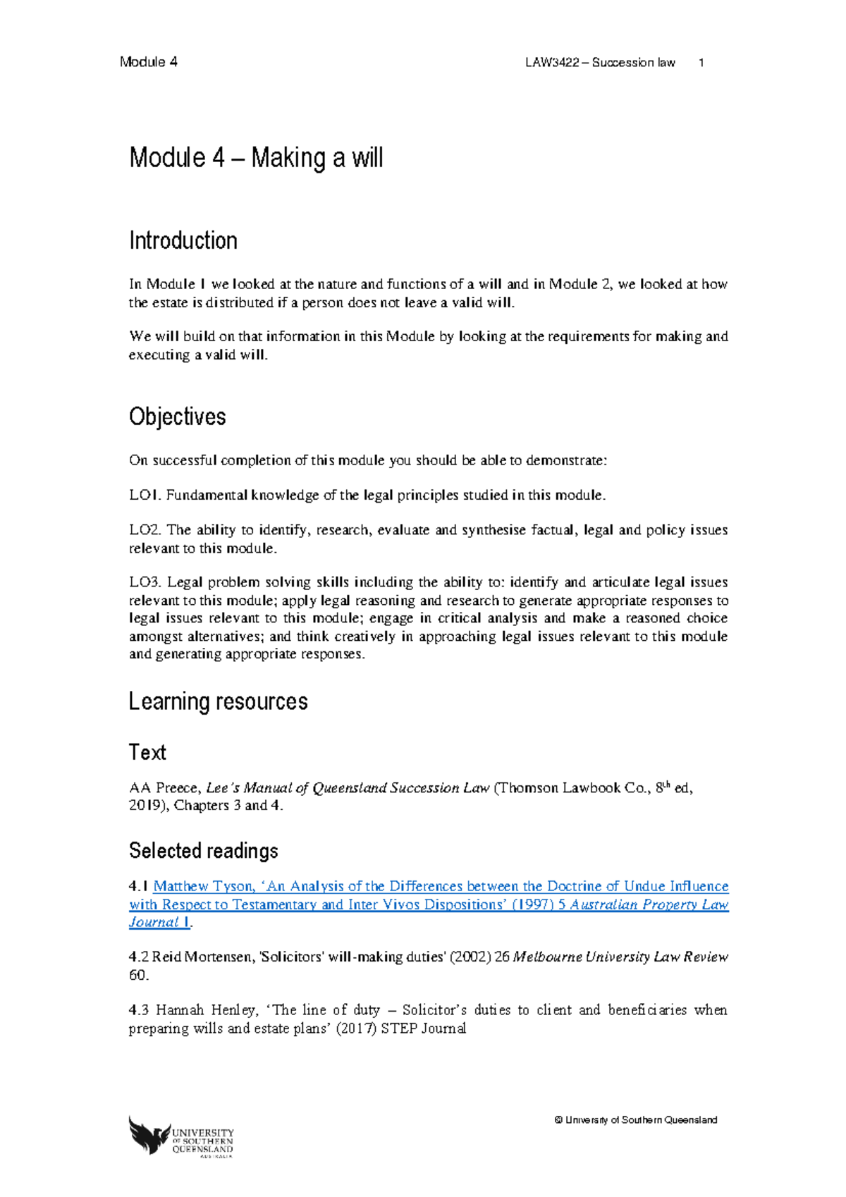 Module 4 Course Material Module 4 Law3422 Succession Law 1 Module
