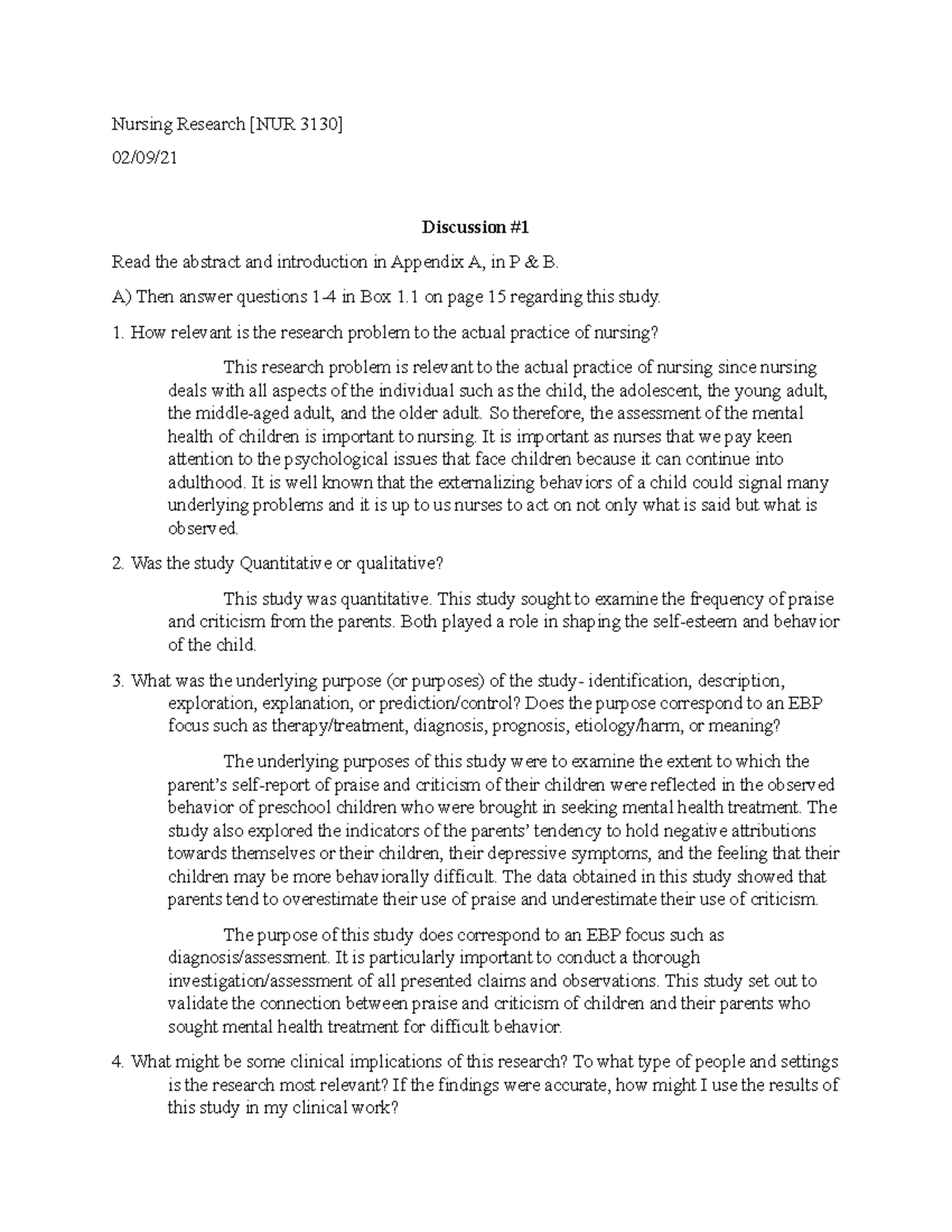 Research 1 - Nursing Research [NUR 3130] 02/09/ Discussion # Read the ...