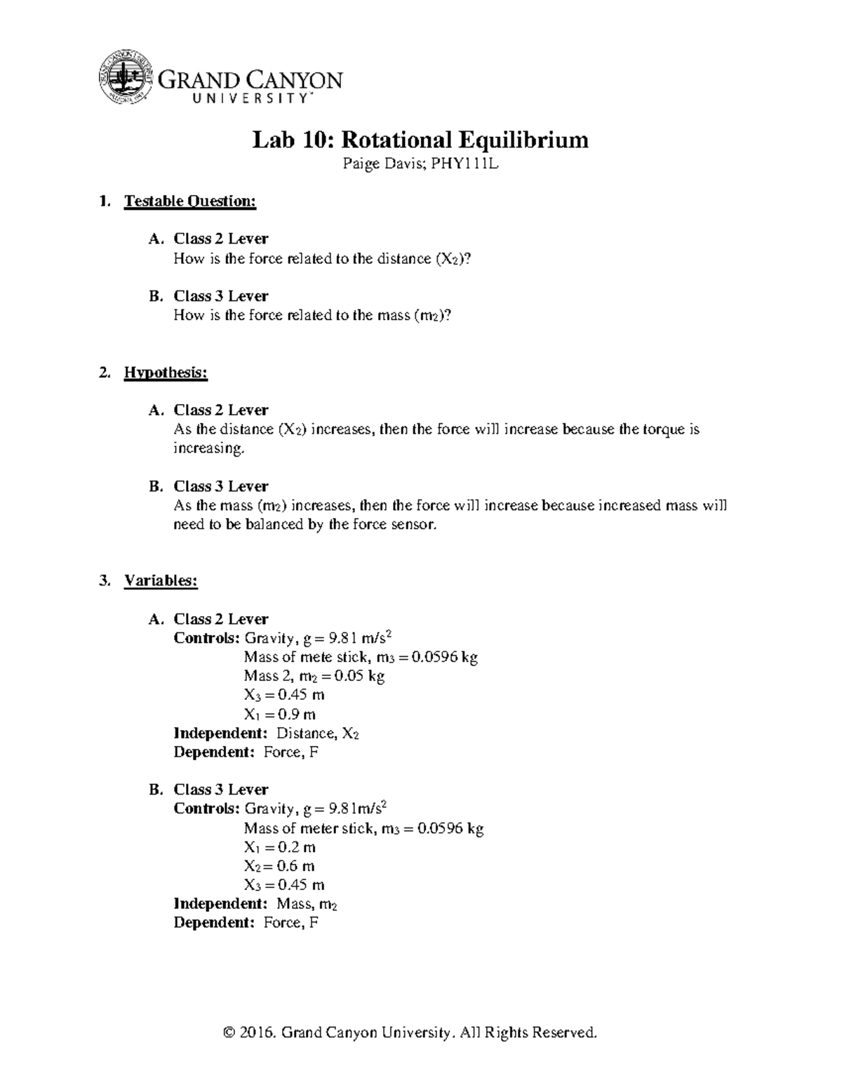 PHY-111L-RS-Lab10 Rotational Equilibrium - Lab 10 : Rotational Equilibrium Paige Davis; PHY111L ...