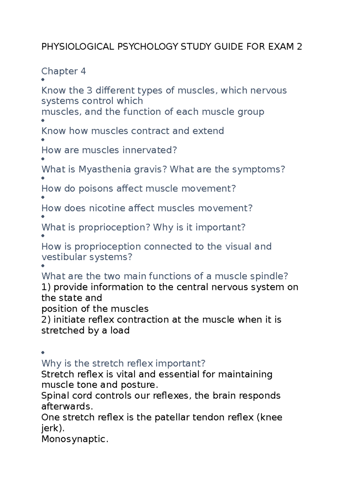 Physiological Psychology Study Guide FOR EXAM 2 LN - PHYSIOLOGICAL ...