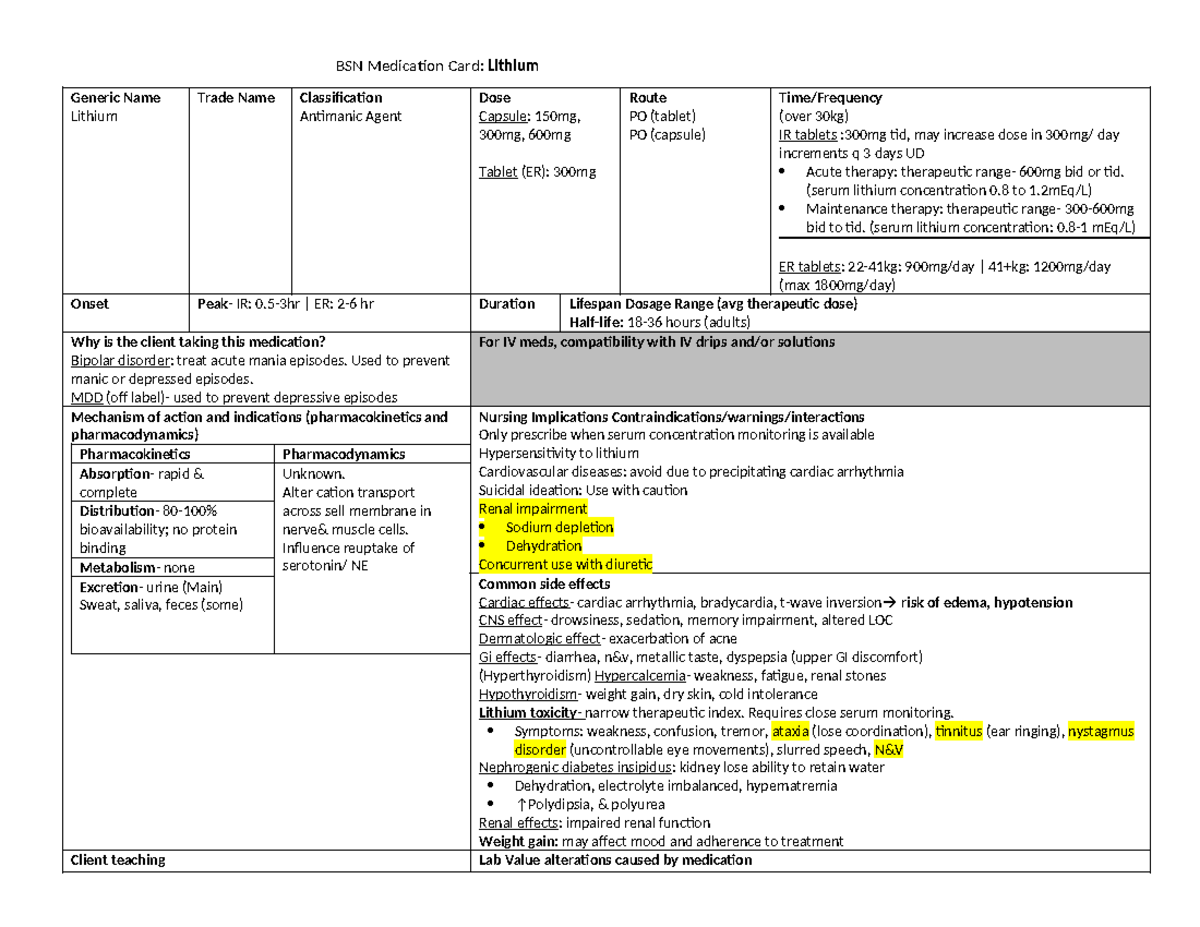 Lithium - BSN Medication Card: Lithium Generic Name Lithium Trade Name ...