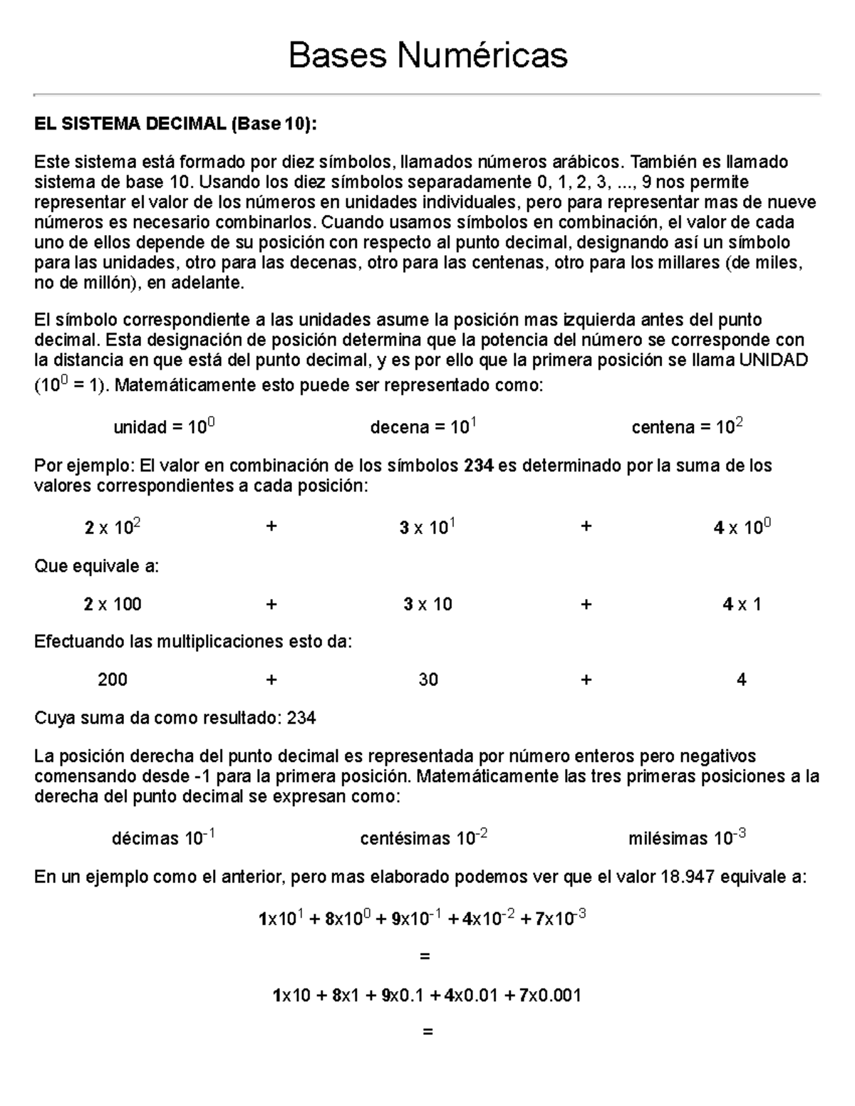 Bases Numéricas - Bases Numéricas EL SISTEMA DECIMAL (Base 10): Este ...