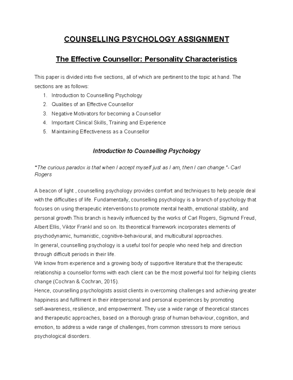 Counselling Psychology Assignment - COUNSELLING PSYCHOLOGY ASSIGNMENT ...