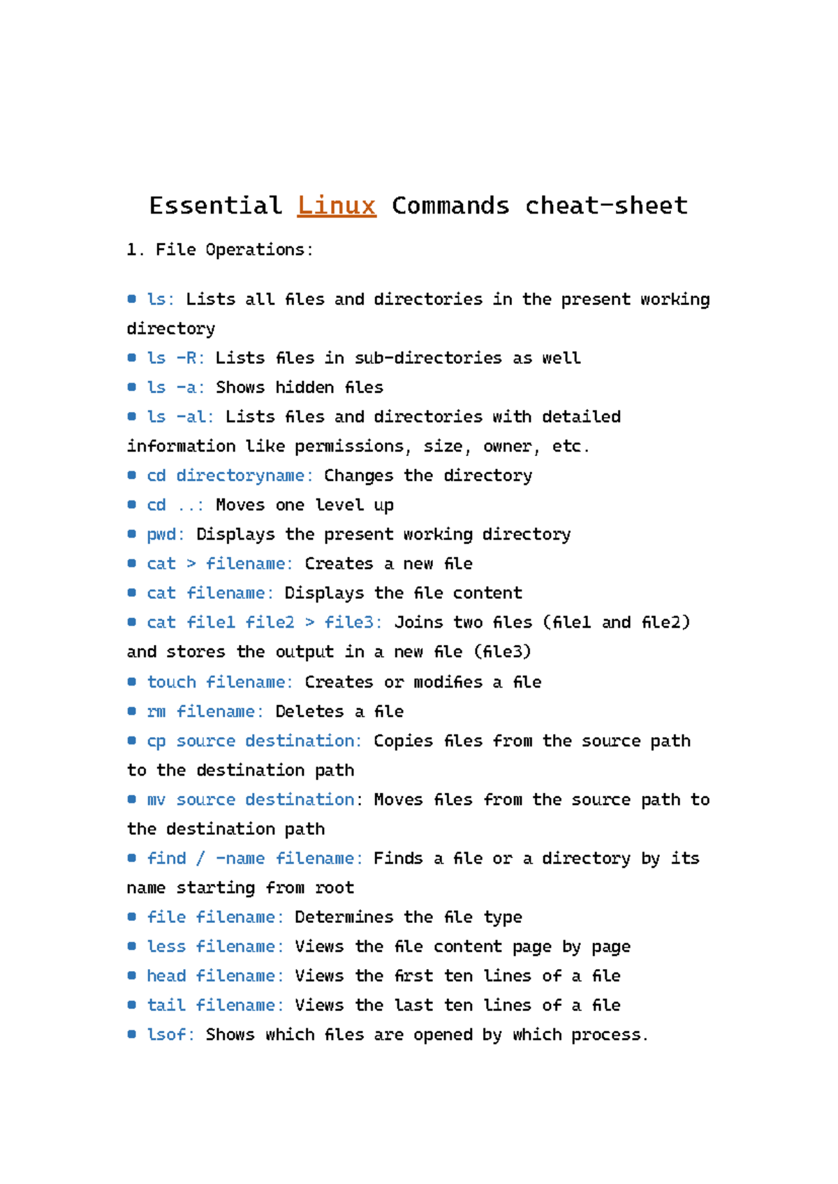 Linux - summaries commande unix - Essential Linux Commands cheat-sheet File Operations: ls ...