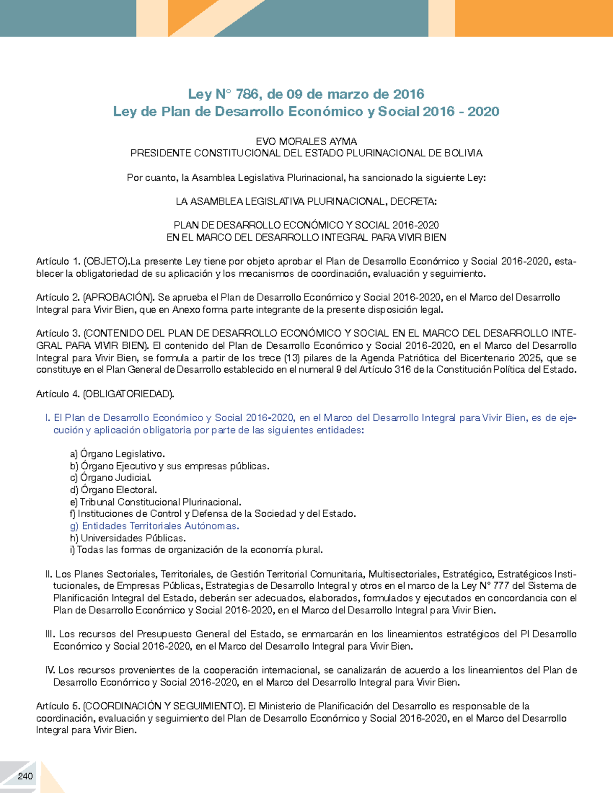 6. Ley 786 Plan de Desarrollo Económico y Social - 240 Ley N° 786, de ...