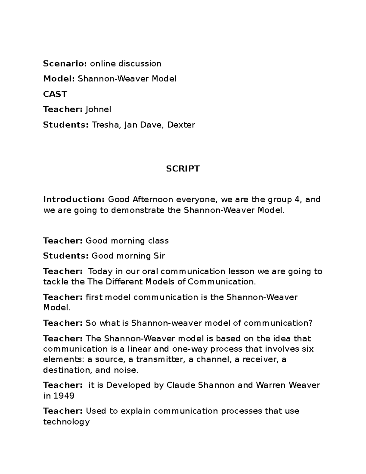 Script - ACT 1 (PWPM) - Scenario: online discussion Model: Shannon ...