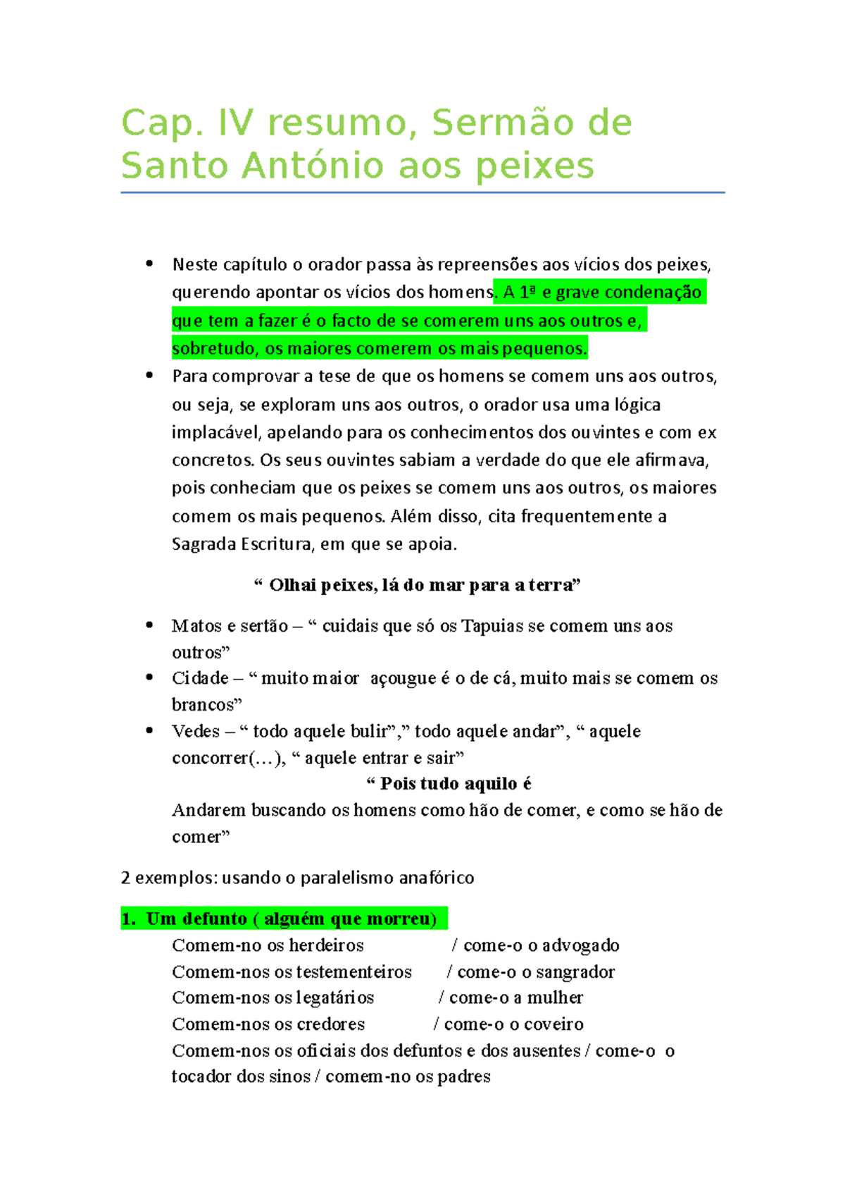 Cap. IV resumos, Sermão de Santo António aos peixes - Cap. IV resumo, Sermão de Santo António ...