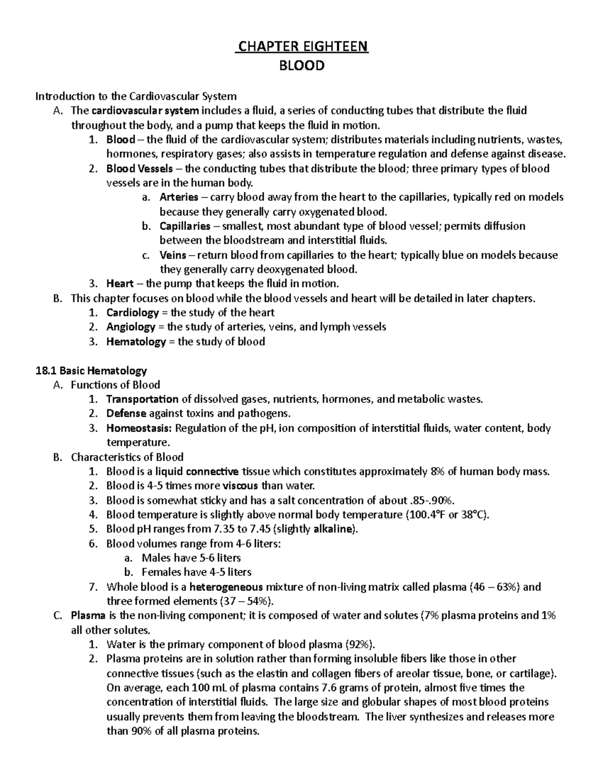 Ch. 18 blood - Mrs Baker's lecture notes - CHAPTER EIGHTEEN BLOOD ...