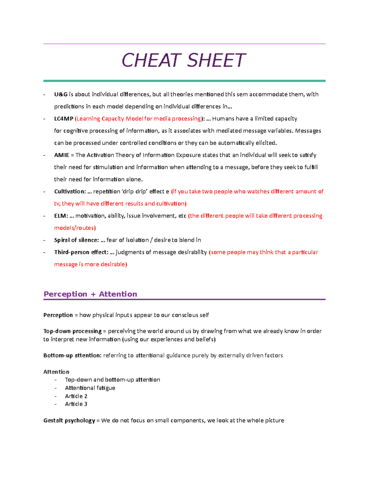 Cheat Sheet - CHEAT SHEET U&G is about individual differences, but all ...