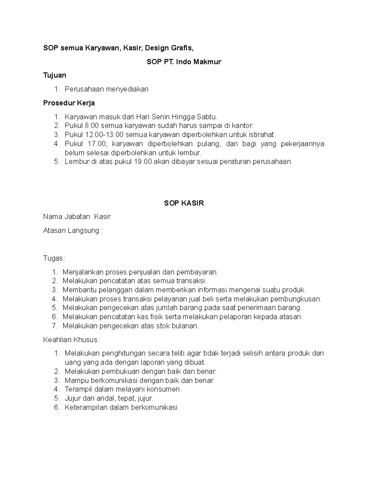 Standar Operasional Perusahaan - SOP semua Karyawan, Kasir, Design ...