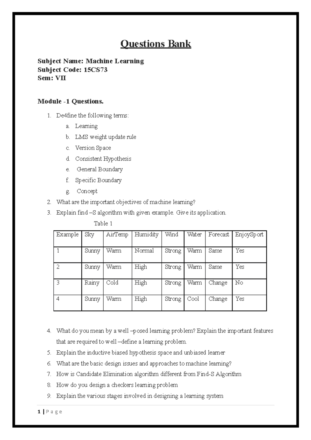Machine Learning Assignment questions - 1 | P a g e Questions Bank Subject Name: Machine ...