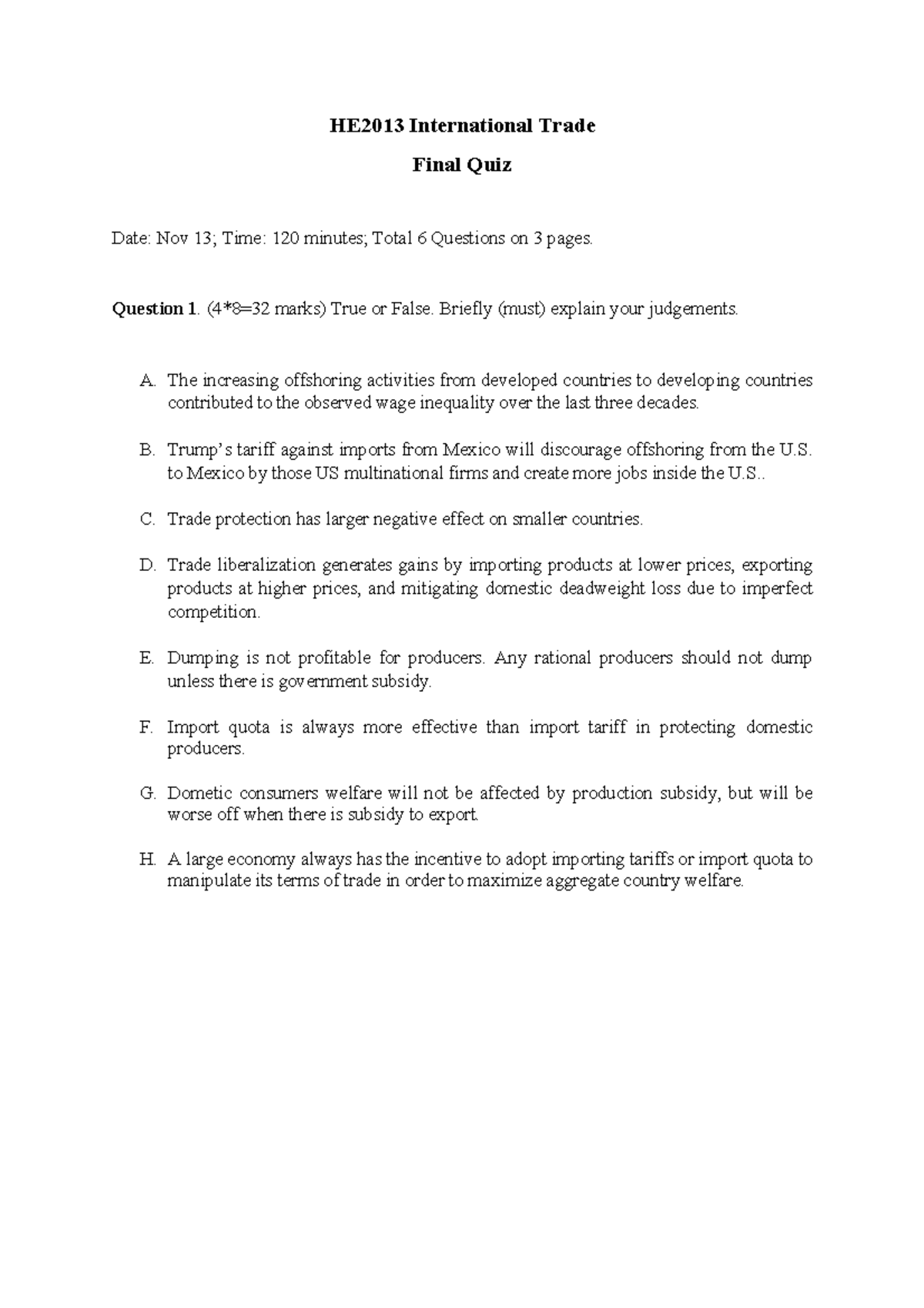 Quiz 2020, questions - HE2013 International Trade Final Quiz Date: Nov ...