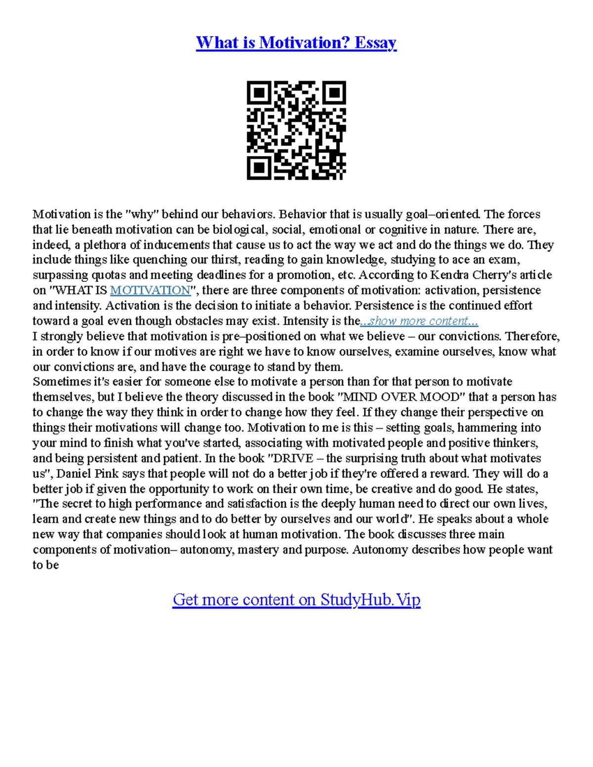 Self Motivation Essay - What is Motivation? Essay Motivation is the ...