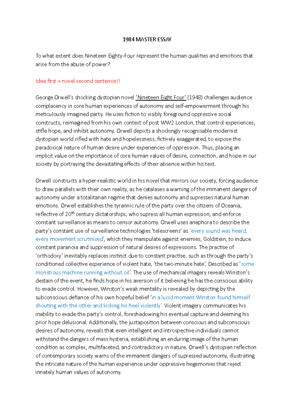 1984 Master Essay - 1984 MASTER ESSAY To what extent does Nineteen ...