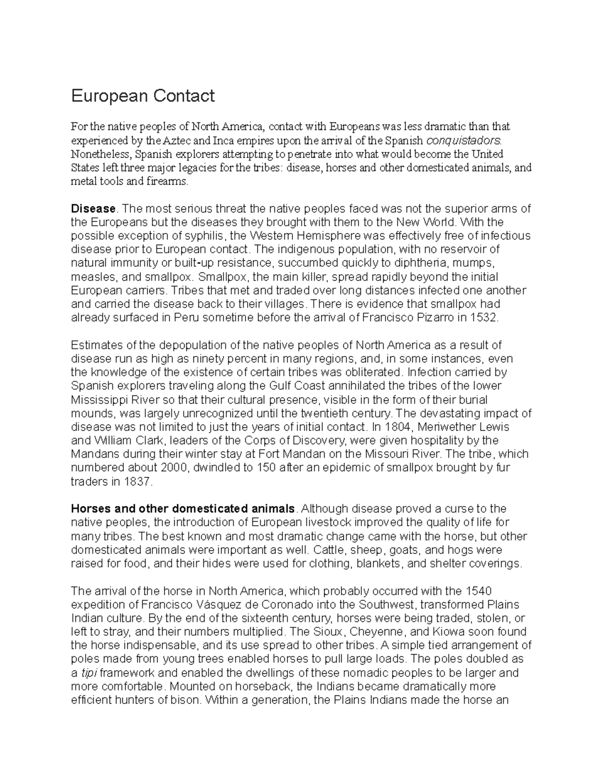 Notes 200 - European Contact For the native peoples of North America ...