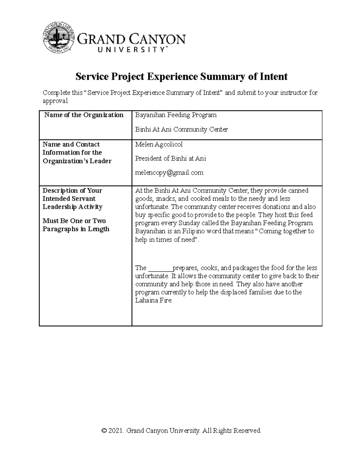 MGT410 Service Project Experience Summary of Intent - Service Project ...