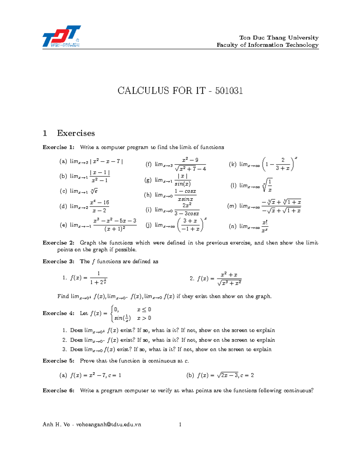 Practical for analysis - Ton Duc Thang University Faculty of Information Technology Lab 3 ...