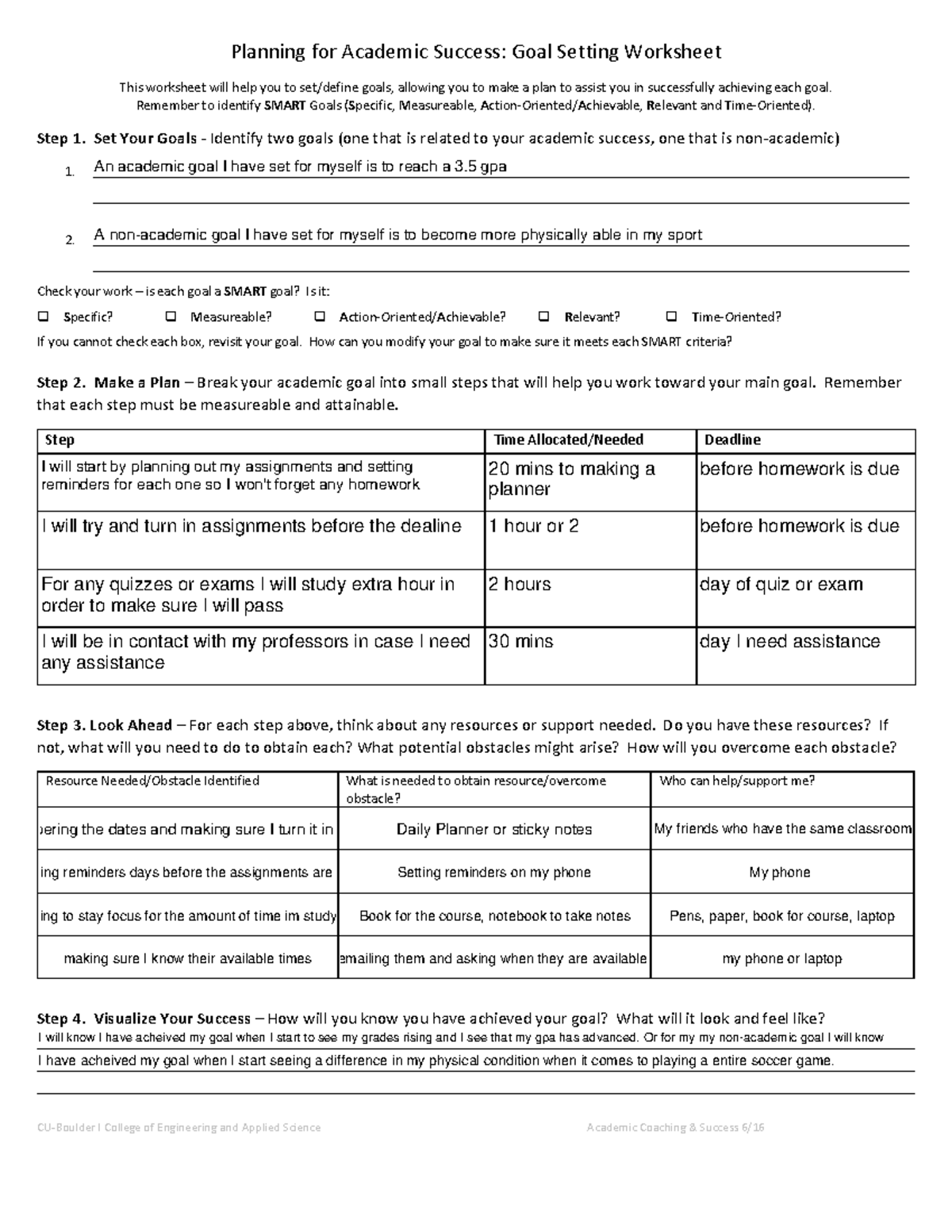 Goal setting worksheet 2 answers for intro to socio - CU-Boulder I ...