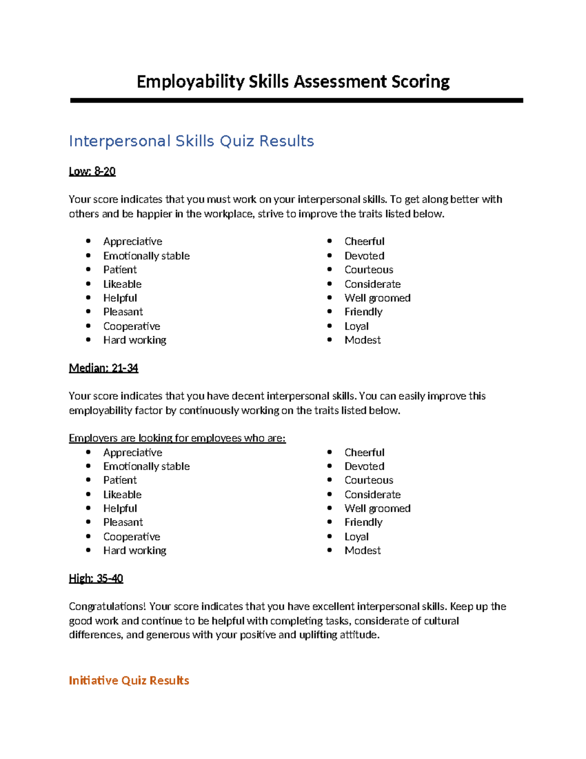ESA Employability Skills Assessment Scoring - Employability Skills ...