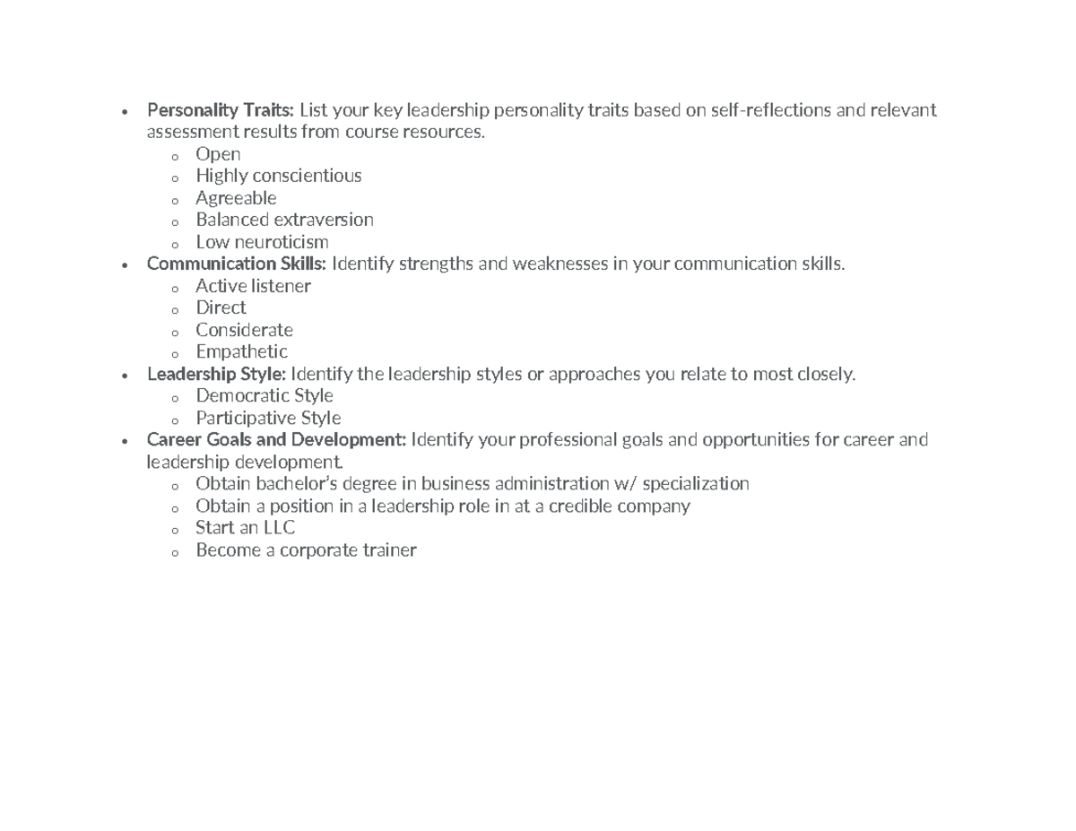 BUS-210 Module 3 Leadership Map - Personality Traits: List your key ...