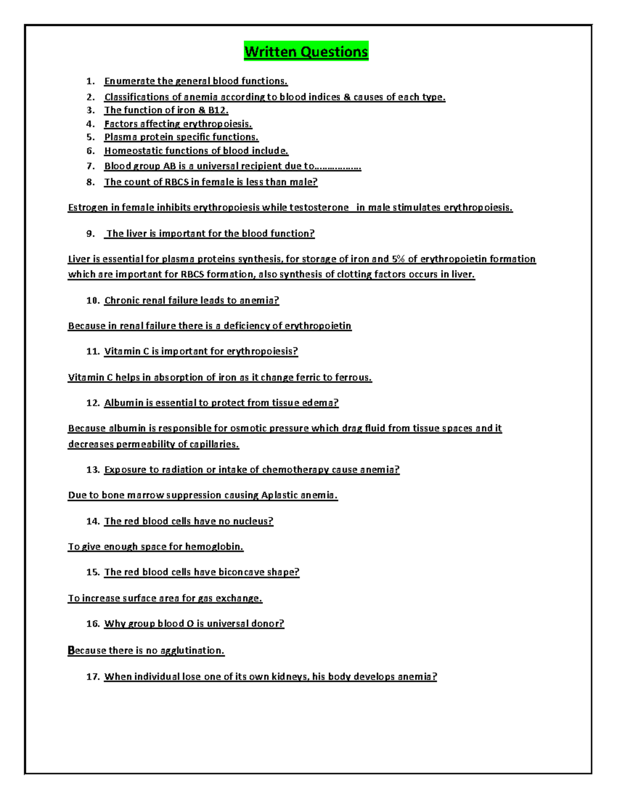 Physiology Question bank (Blood) - Written Questions Enumerate the ...