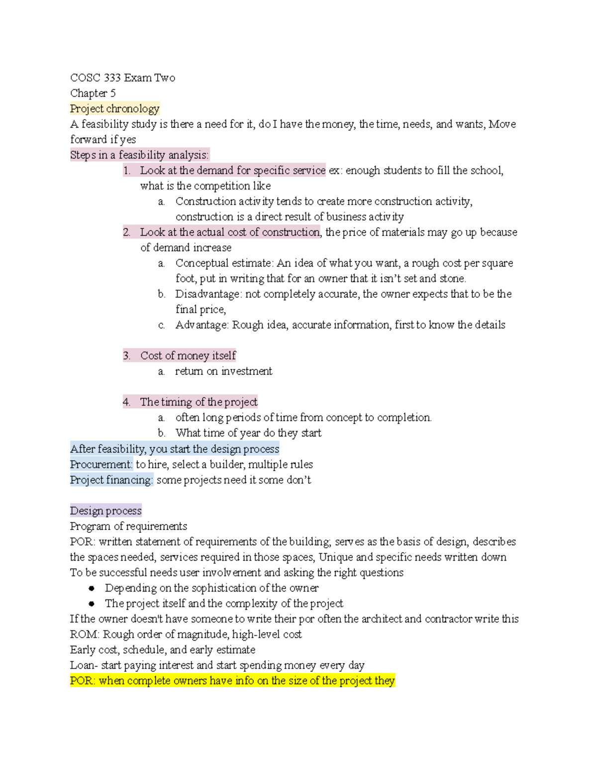 COSC 333 Exam Two - professor fisher - COSC 333 Exam Two Chapter 5 Project chronology A ...