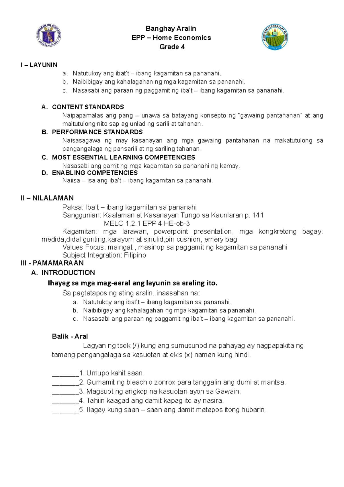 EPP DEMO HE 4 - Used to demo for the learner ability - Banghay Aralin ...