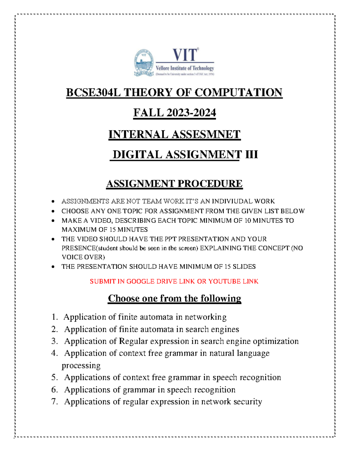TOC Digital Assignment III - BCSE304L THEORY OF COMPUTATION INTERNAL ... TOC Digital Assignment III - BCSE304L THEORY OF COMPUTATION INTERNAL ...