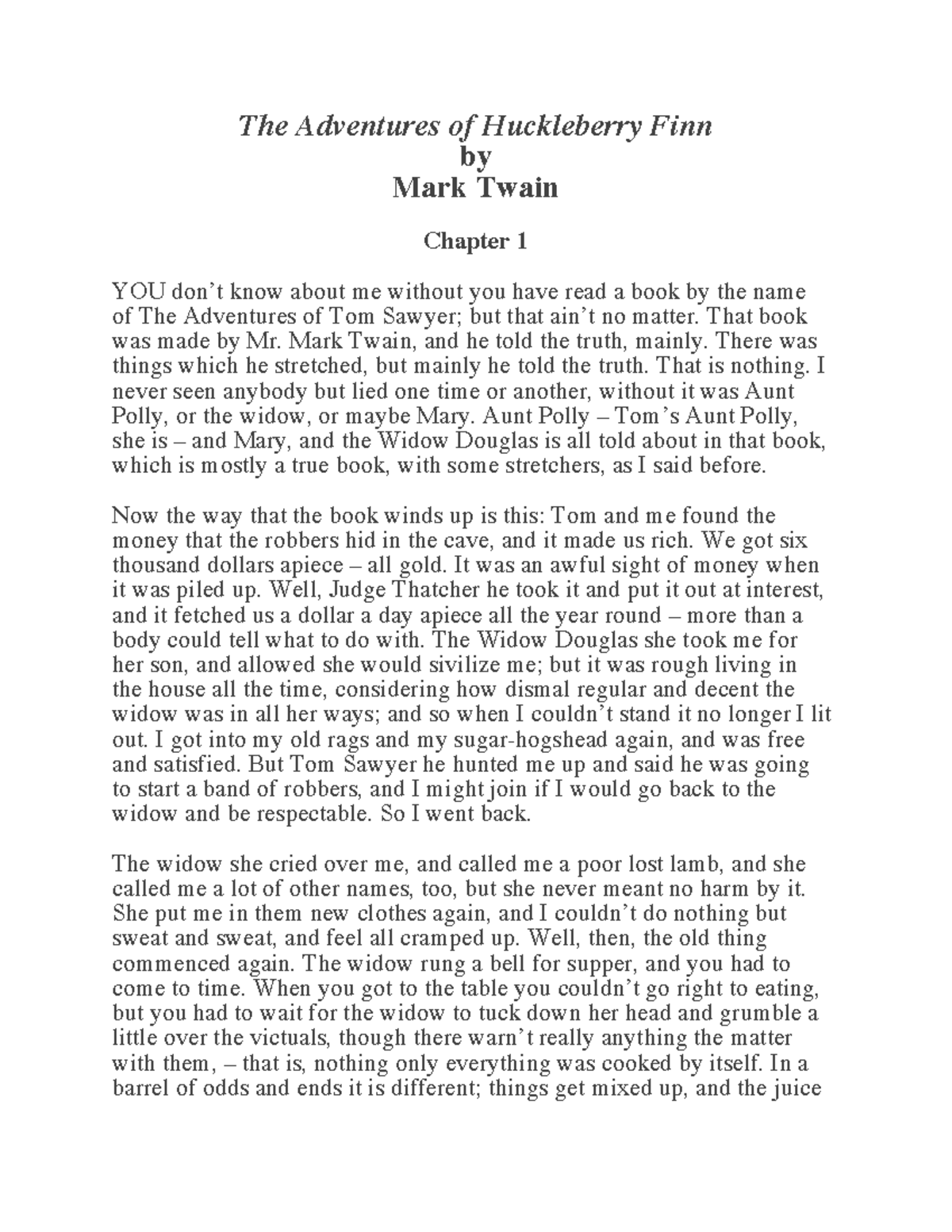 Huck Finn Chapter 1 pdf - The Adventures of Huckleberry Finn by Mark ...