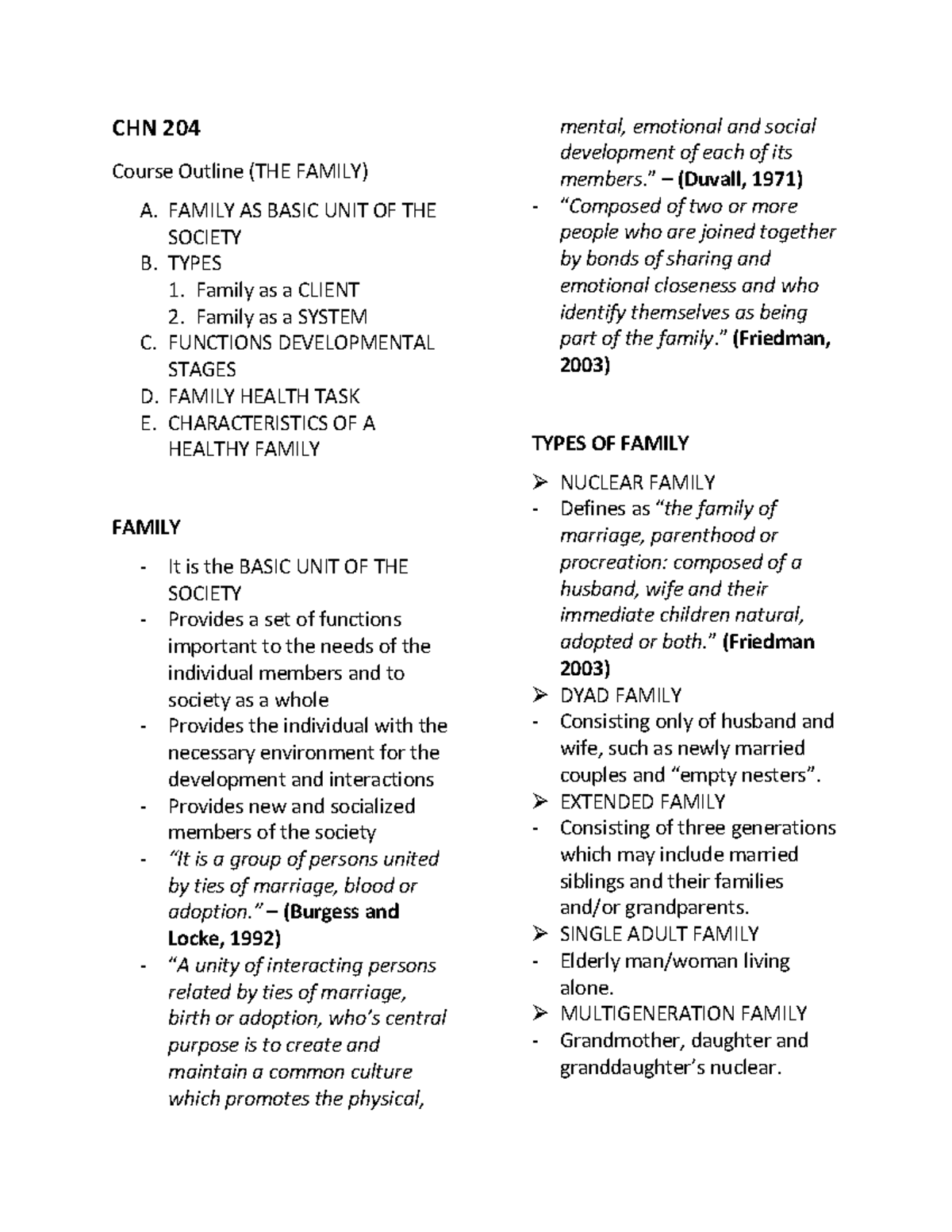 CHNreviewer - Kuyfkuyfkuygkuyg - CHN 204 Course Outline (THE FAMILY) A ...