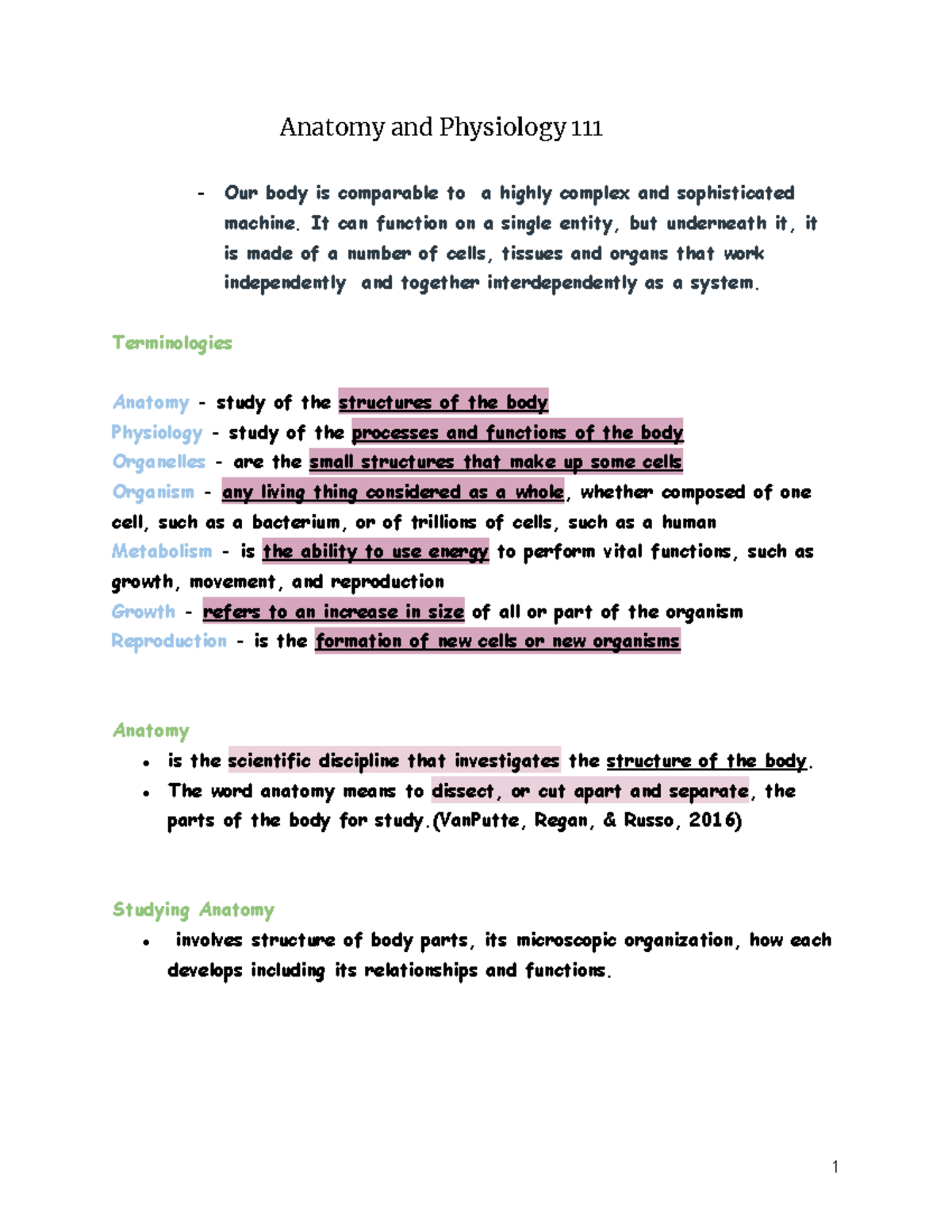 Anatomy and Physiology 111 Review - Anatomy and Physiology 111 Our body ...