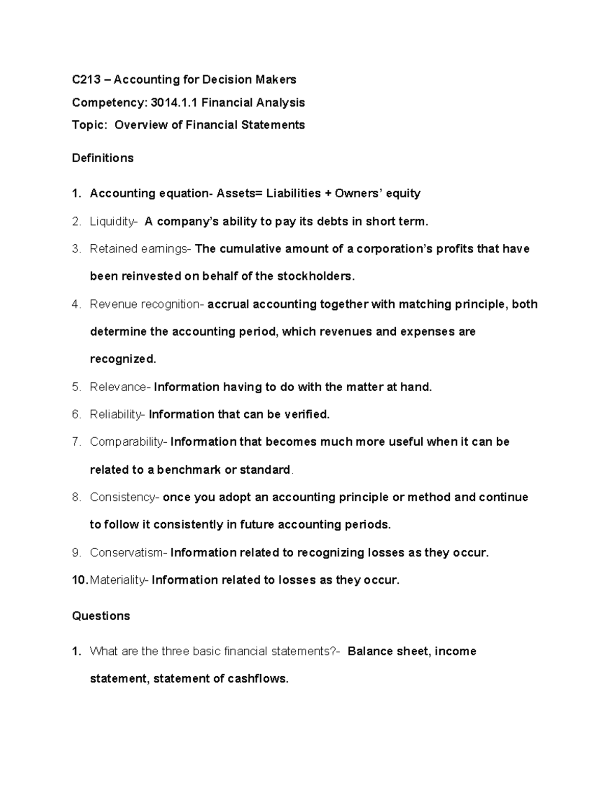 C213 Overview of FS study guide 24 - C213 – Accounting for Decision ...