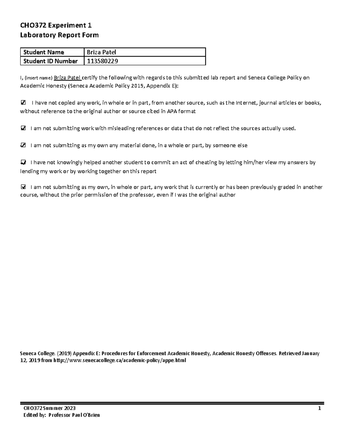 CHO372 Exp 1 Lab Report Form - CHO372 Summer 202 3 1 CHO372 Experiment ...