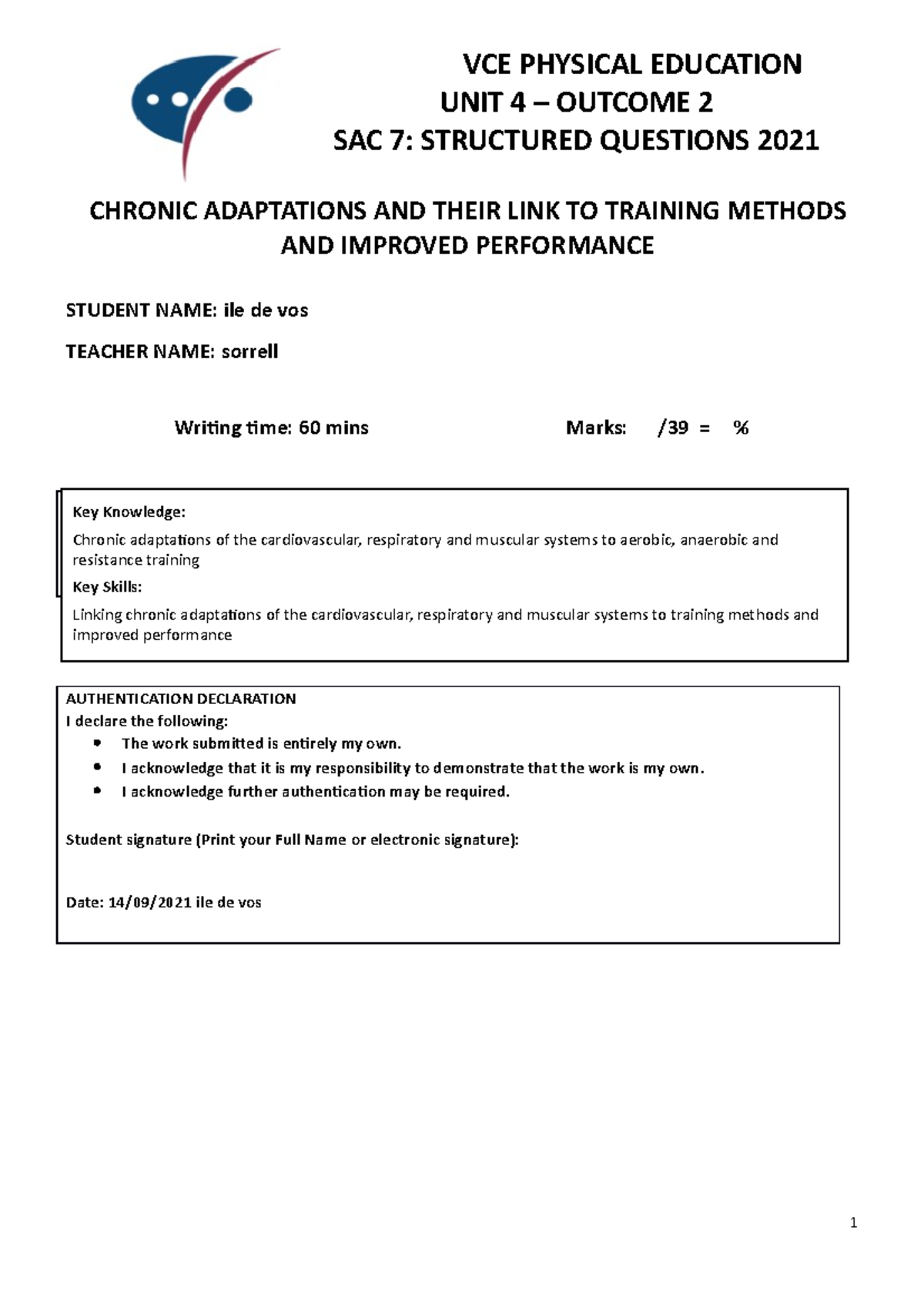 SAC 7 AOS 4.2.2 Chronic Adaptations Structured Questions SAC 2021b ...